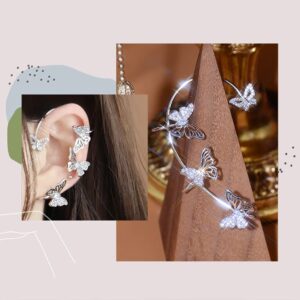 2 Pcs Butterfly Ear Cuff,Butterfly Earrings Ear Cuffs for Women Non Piercing Butterfly Cuff Earrings Rhinestone Ear Wrap Earrings