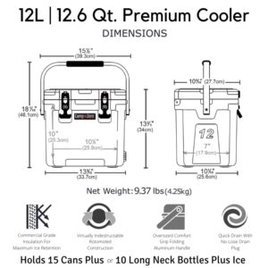 CAMP-ZERO 12L-12.6 Quart Portable Hard Cooler Ice Chest, Perfect for Drinks, Lunch, Beach, Picnics, Boating, Camping and Travel with 2 Molded-in Cup Holders and Folding Aluminum Handle