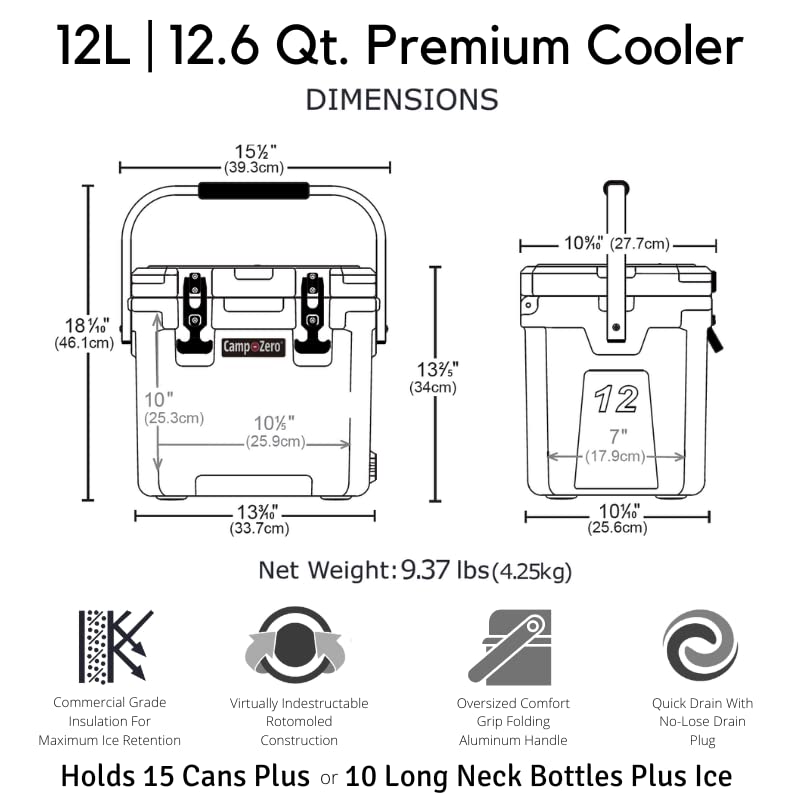 CAMP-ZERO 12L-12.6 Quart Portable Hard Cooler Ice Chest, Perfect for Drinks, Lunch, Beach, Picnics, Boating, Camping and Travel with 2 Molded-in Cup Holders and Folding Aluminum Handle