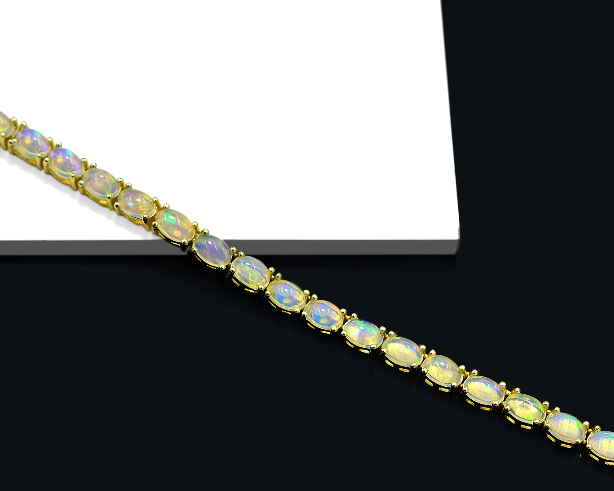 24.20 Carats Natural Ethiopian Welo Opal Cabochon Tennis Bracelet 925 Sterling Silver October Birthstone Jewelry Birthday Gift Love and Friendship Gift For Girlfriend Gift For Her (18 Inches, Sterling Silver)