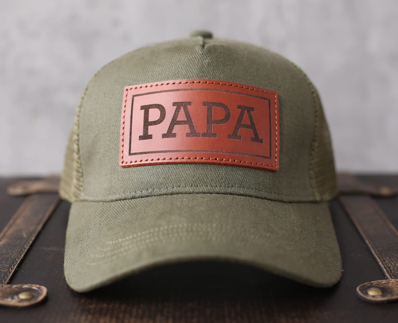 Papa Hat，Leather Patch Hat Papa for Papa Baby Announcement Gift for Papa Olive