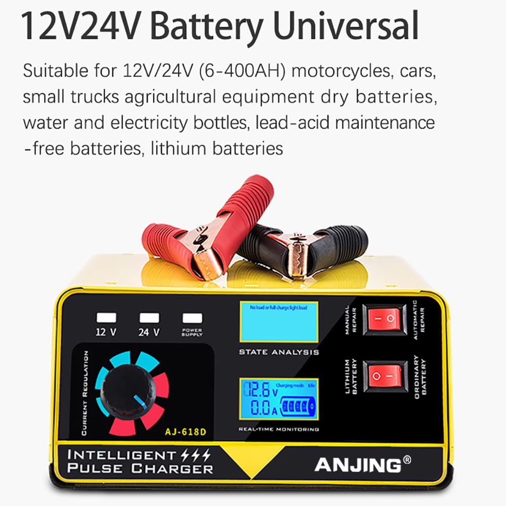 12V 24V Car Battery Charger, 15A Lead-Acid Lithium Battery Charger, Smart Trickle Charger Maintainer, Deep Cycle Battery Repair Charger Automotive Desulfator for Car Motorcycle Truck Boat Lawn Mower