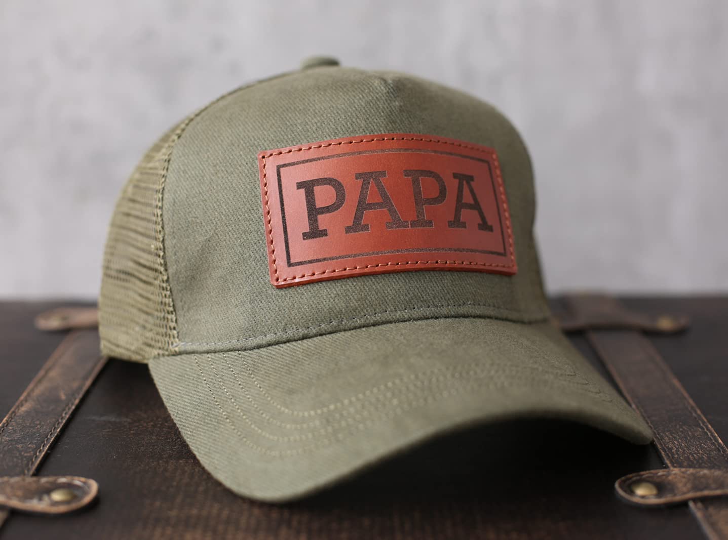 Papa Hat，Leather Patch Hat Papa for Papa Baby Announcement Gift for Papa Olive