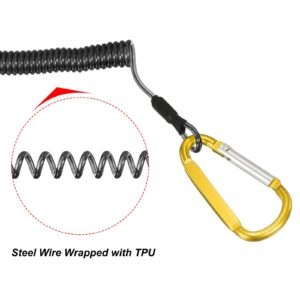 PATIKIL 3.3ft Fishing Tool Lanyard, 2 Pack Safety Cord Spiral Lanyard Tether Retractable with Yellow Metal Clip Keychain for Boating Kayak, Clear Black