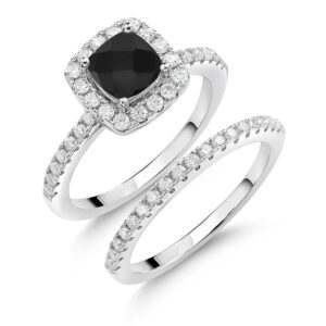 gem stone king 925 sterling silver black onyx and white moissanite wedding engagement ring band bridal set for women (1.44 cttw, gemstone birthstone, available in size 5, 6, 7, 8, 9)