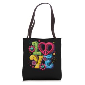 love peace symbol flower power hippie floral peace sign tote bag