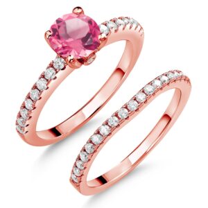 gem stone king 18k rose gold plated silver pink mystic topaz and white moissanite wedding engagement band bridal set ring for women (1.99 cttw, gemstone, available in size 5, 6, 7, 8, 9)