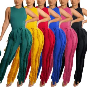 Vakkest Tassel Bodycon Long Pants Tracksuit Sets for Women Ladies Girls Females Two Piece Outfits Solid Color Activewear