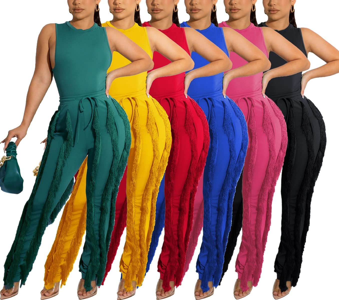 Vakkest Tassel Bodycon Long Pants Tracksuit Sets for Women Ladies Girls Females Two Piece Outfits Solid Color Activewear