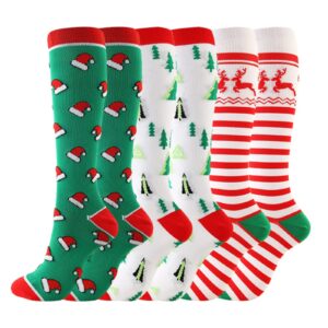 hotfiary christmas compression socks 20-30 mmhg for women & men, 3 pack novelty christmas stocking for athletic running cycling