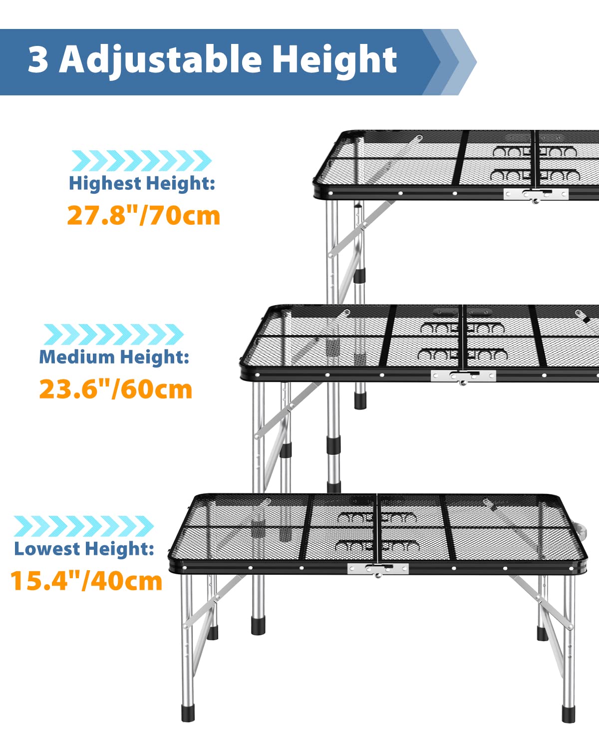 Sportneer Grill Table for Outside, 3ft(L) x 2ft(W) Height Adjustable Camping Table Lightweight Aluminum Folding Portable Metal Folding Outdoor Grill Table for Camping Cooking BBQ RV Picnic (Black)