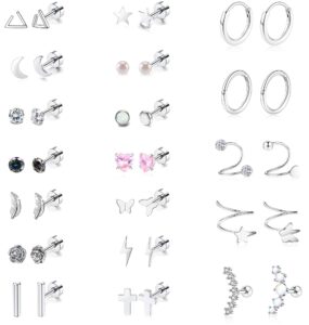 stainless steel earrings,staligue 19 pairs flat back earrings and cartilage hoop earrings for women hypoallergenic flat back stud earrings heart opal star moon 20g tiny screw back cartilage earring