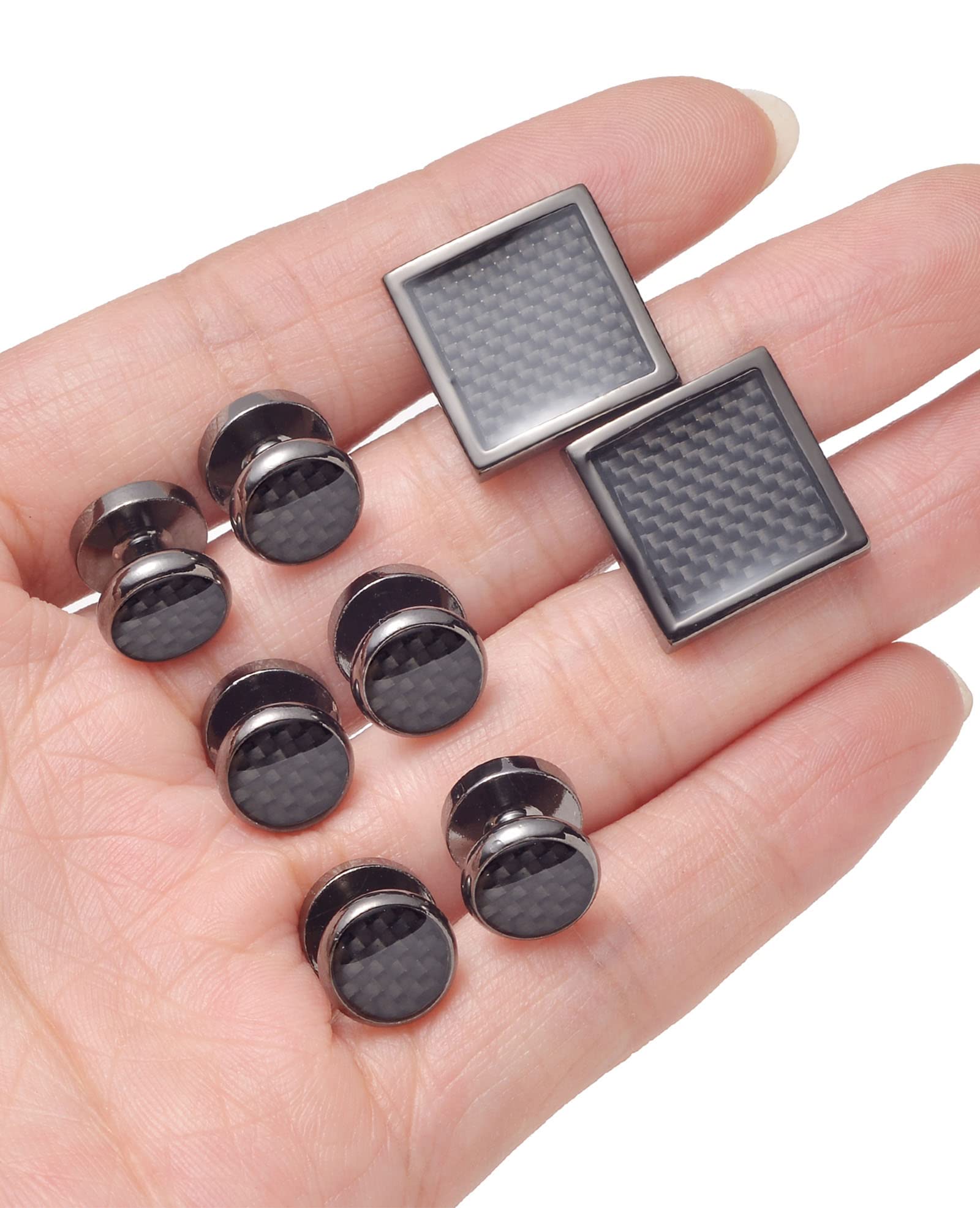 Ofeiyaa 10pcs Square Cufflinks And Shirt Stud Formal Men Classic Cufflinks Tuxedo Buttons Set Black Tone Tuxedo Shirts for Business Wedding