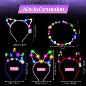 50 Pcs LED Cat Ear Headbands Bulk, Light up Flower Headband Glow Crown Rabbit Ear Hairband Luminous Head Accessories for Glow in the Dark Party Supplies