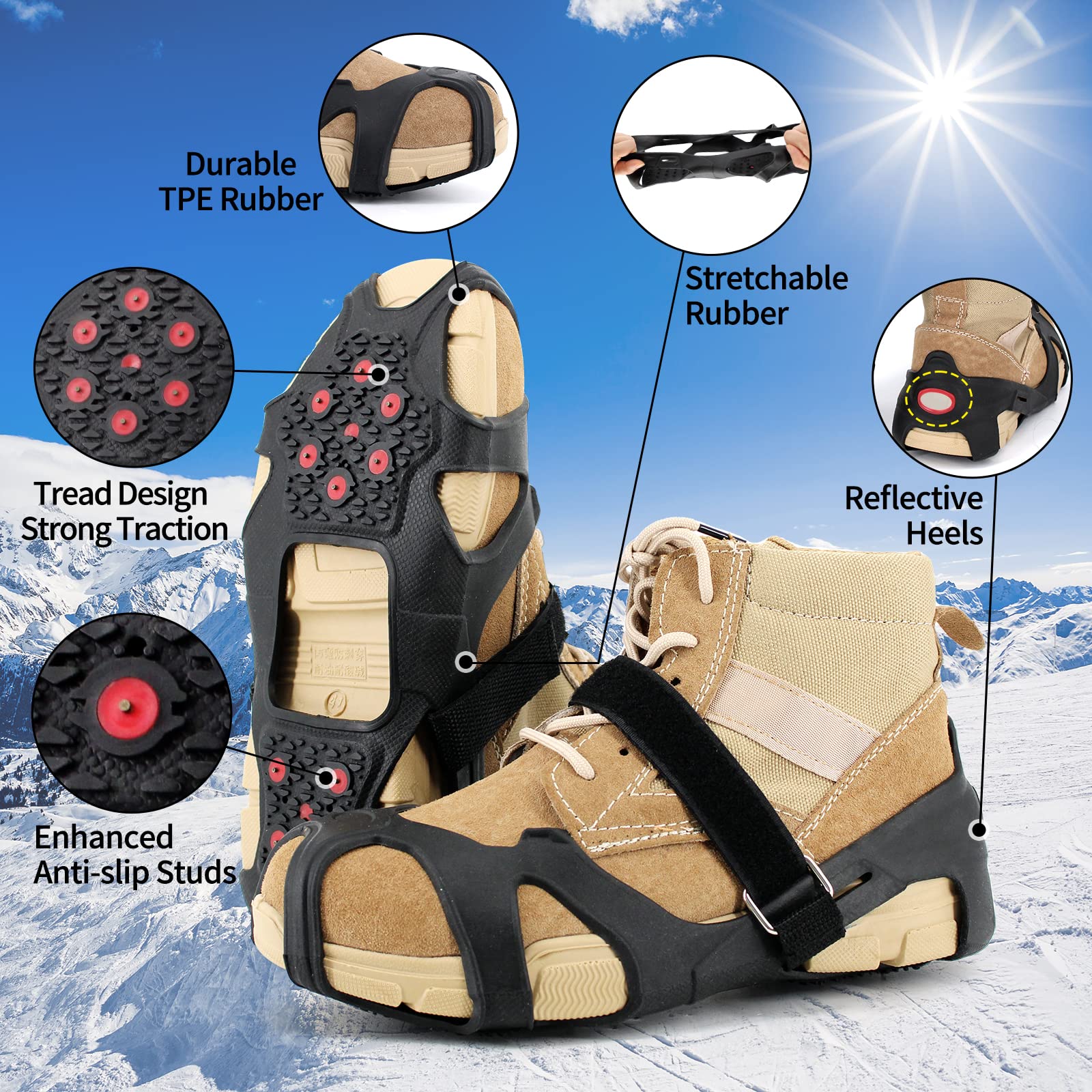 Xproutdoor Non-Slip Ice Cleats Snow Grips, with Reflective Heels, Strong Traction Crampons 10 Tungsten Studs, for Shoes and Boots, Snow Ice Walking, Large