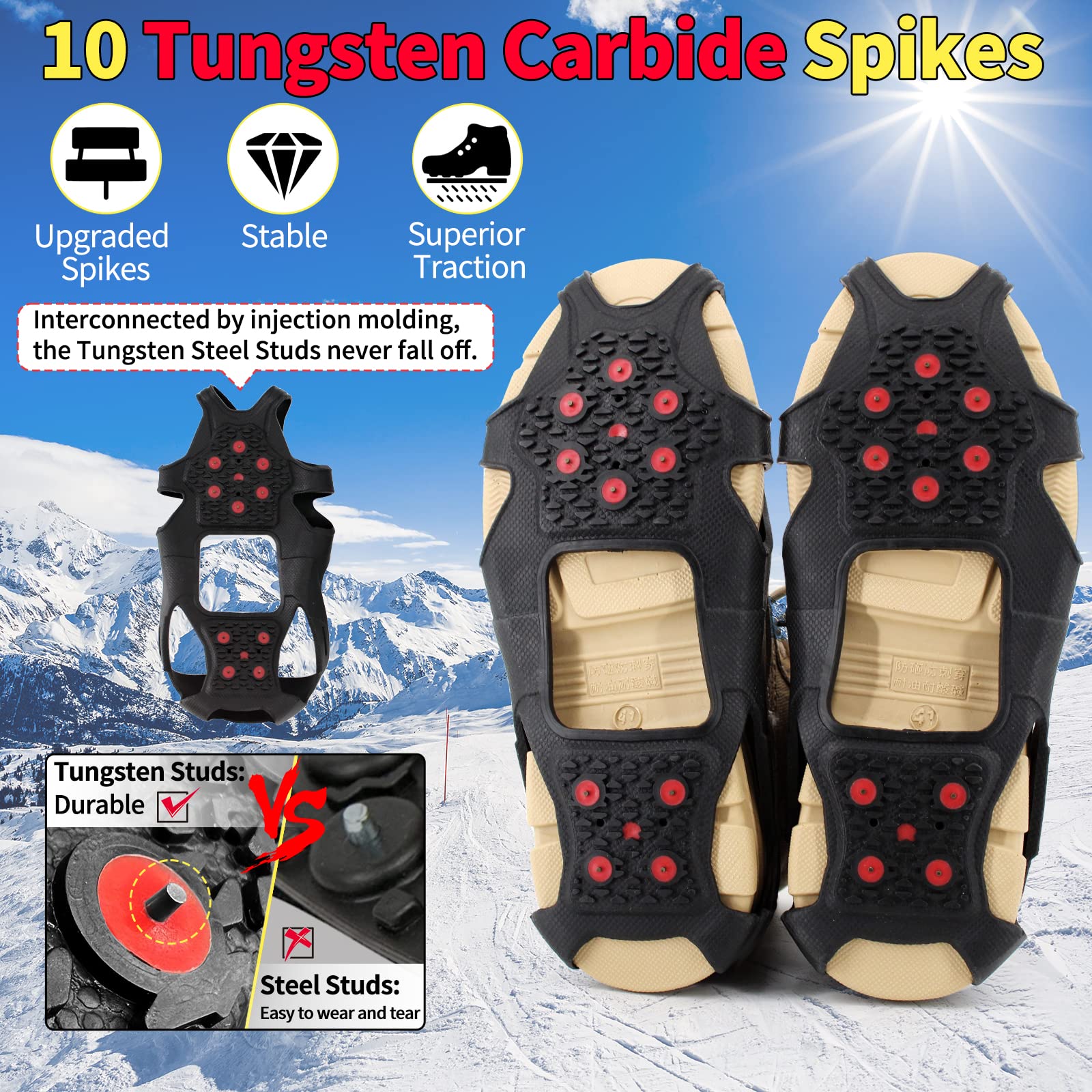 Xproutdoor Non-Slip Ice Cleats Snow Grips, with Reflective Heels, Strong Traction Crampons 10 Tungsten Studs, for Shoes and Boots, Snow Ice Walking, Large