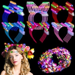 50 pcs led cat ear headbands bulk, light up flower headband glow crown rabbit ear hairband luminous head accessories for glow in the dark party supplies