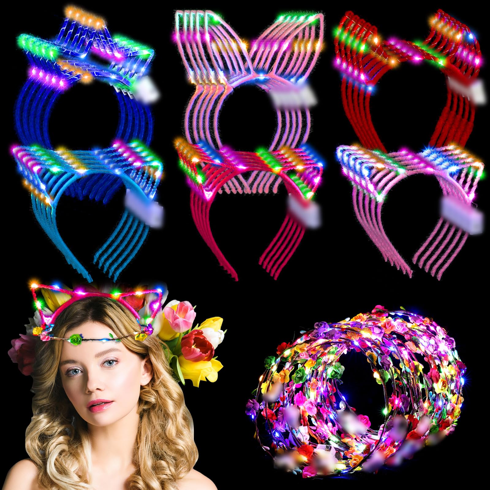 50 Pcs LED Cat Ear Headbands Bulk, Light up Flower Headband Glow Crown Rabbit Ear Hairband Luminous Head Accessories for Glow in the Dark Party Supplies