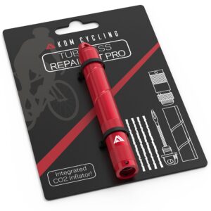 kom cycling tubeless tire repair kit for bikes 8 colors! fixes mountain bike and road bicycle tire punctures (red (pro with co2 inflator))