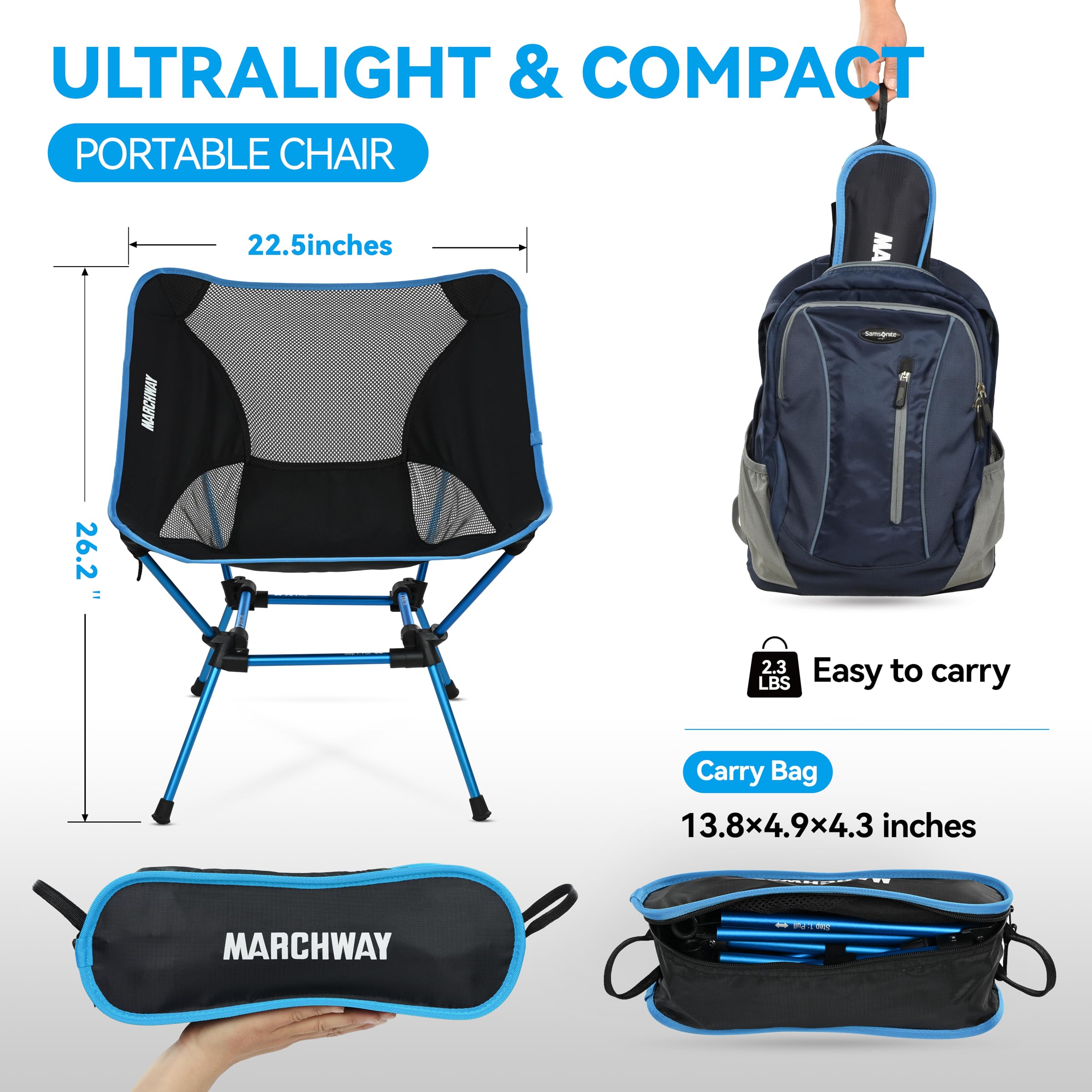 MARCHWAY Ultralight Folding Camping Chair, Heavy Duty Portable Compact for Outdoor Camp, Travel, Beach, Picnic, Festival, Hiking, Lightweight Backpacking (Sky Blue)