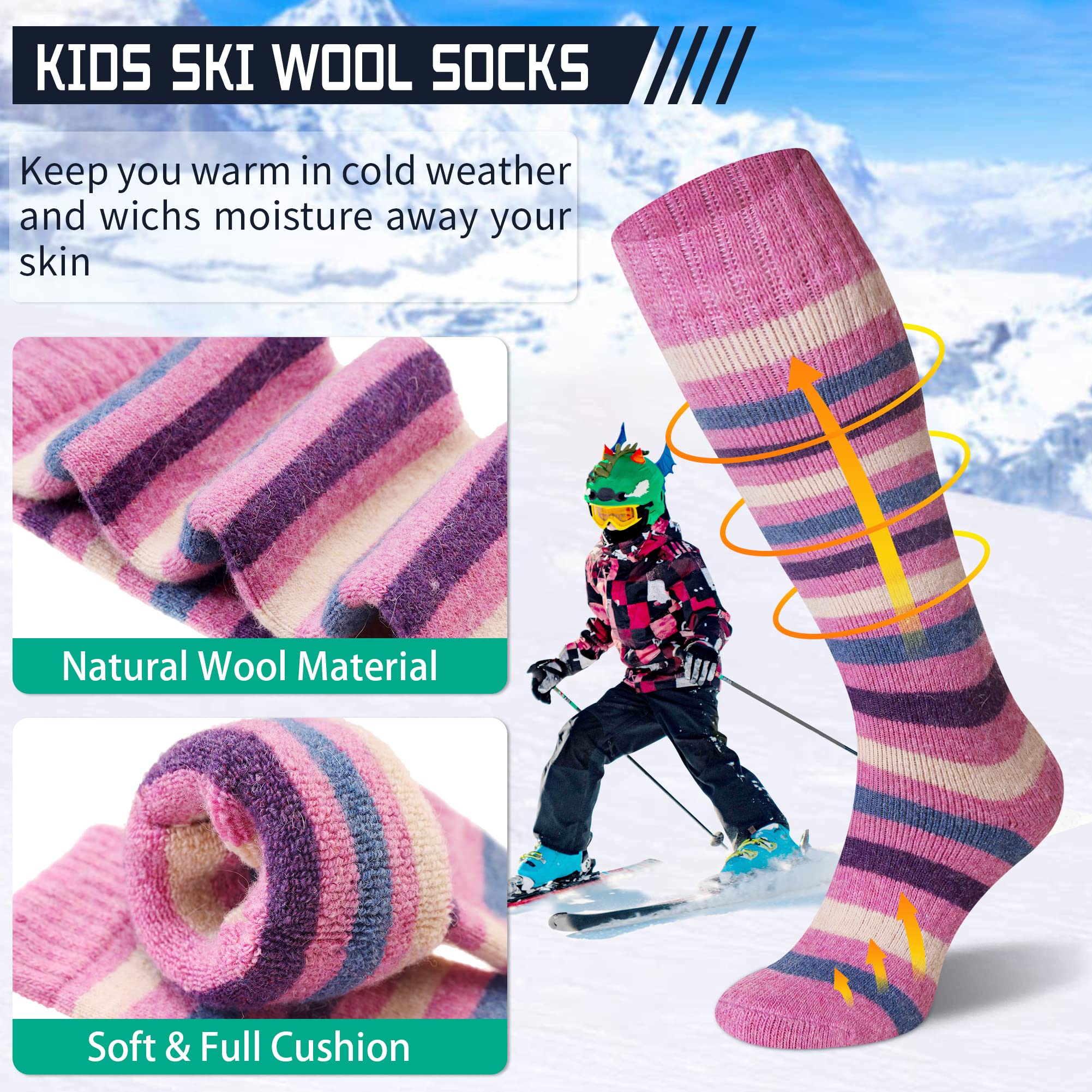 DoSmart Kids Merino Wool Snow Socks,Boys Girls Toddlers Winter Warm Thermal Skiing Snowboarding Skating (2 Pair C,4-7 Years)