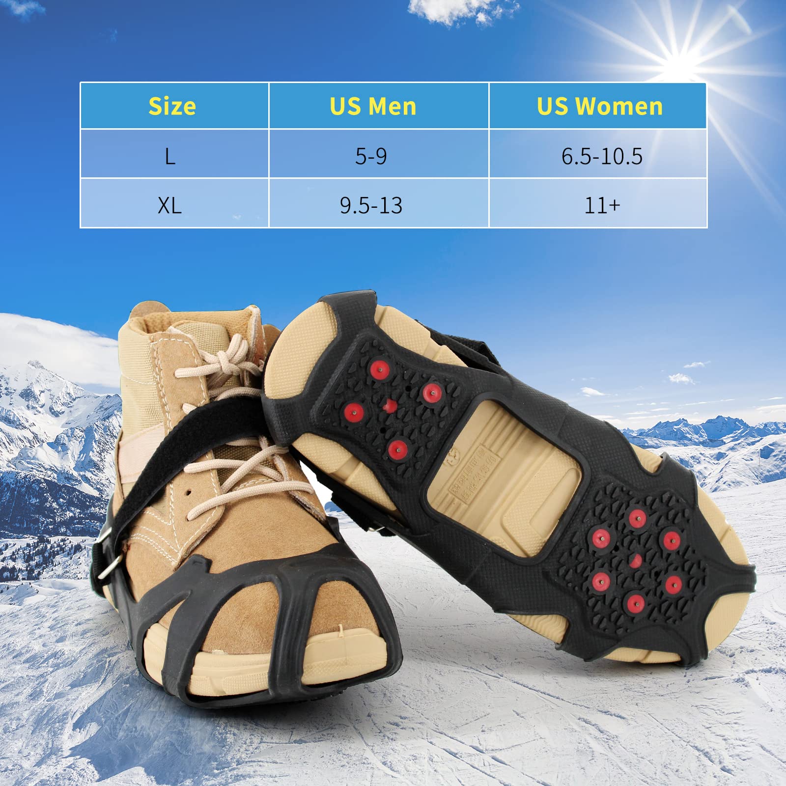 Xproutdoor Non-Slip Ice Cleats Snow Grips, with Reflective Heels, Strong Traction Crampons 10 Tungsten Studs, for Shoes and Boots, Snow Ice Walking, Large