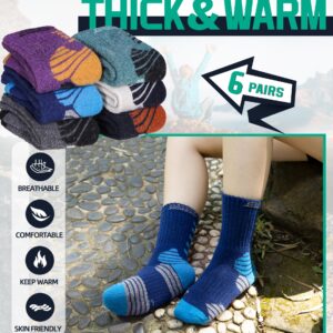 Kids Hiking Walking Socks, Boys Girls Toddlers Merino Wool Warm Socks,Wicking Cushion Crew Socks (6 Pairs B, 4-8 Years)