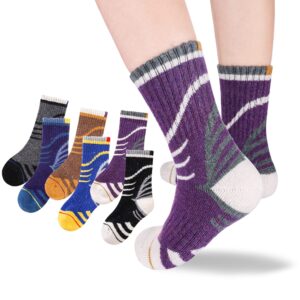 kids hiking walking socks, boys girls toddlers merino wool warm socks,wicking cushion crew socks (6 pairs a, 4-8 years)