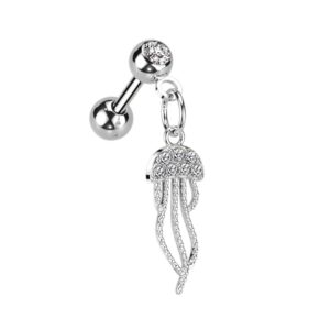 pierced owl 16ga 316l stainless steel cz crystal paved jellyfish dangling barbell (silver tone)