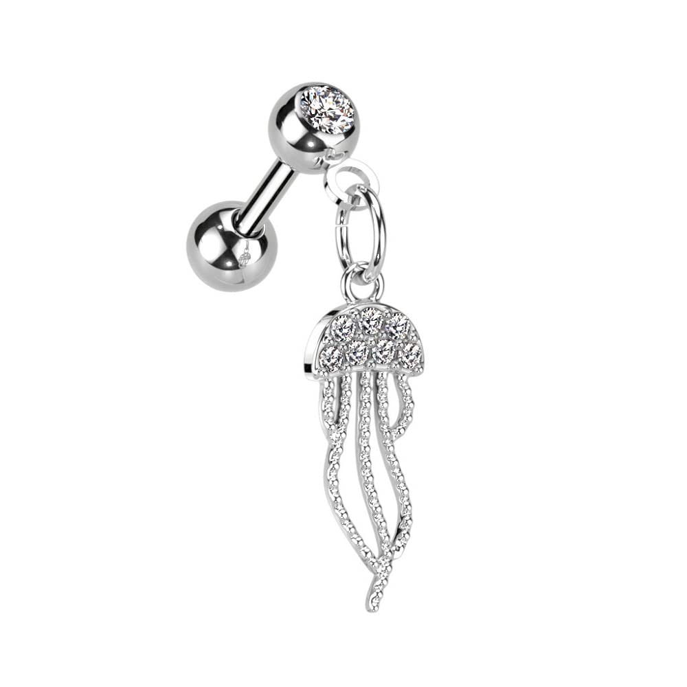 Pierced Owl 16GA 316L Stainless Steel CZ Crystal Paved Jellyfish Dangling Barbell (Silver Tone)