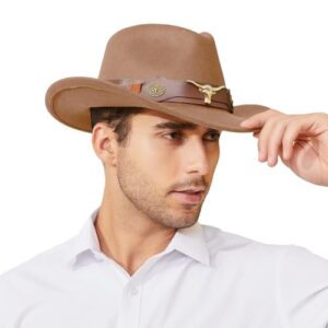 RainFlowwer Cowboy Hat Men, Brown Cowboy Hat for Women, Western Style Hat with Wide Belt Wide Brim