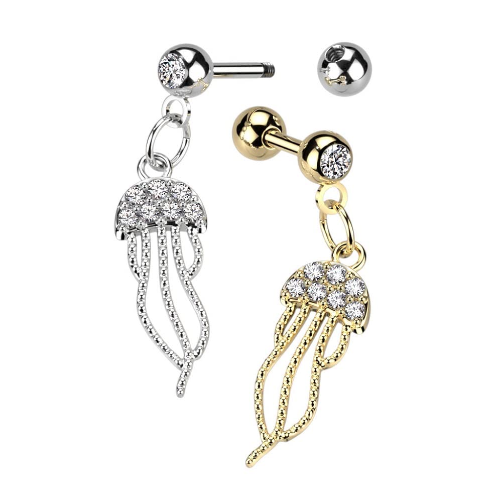 Pierced Owl 16GA 316L Stainless Steel CZ Crystal Paved Jellyfish Dangling Barbell (Silver Tone)