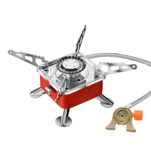 mini square camping stove,compact folding, wind proof, piezo ignition, use with butane gas tank, very perfect for outdoor backpacking, picnics, hiking and camping other occasions (buckle interface)