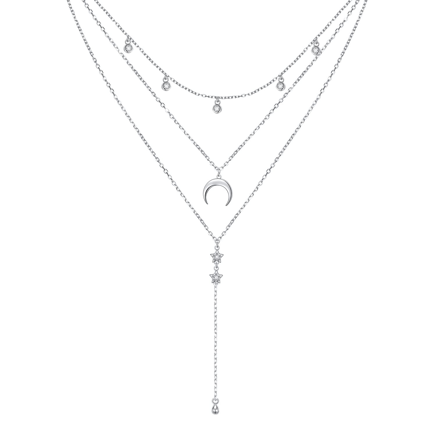 DAOCHONG Triple Layered Pendant Necklace 925 Sterling Silver Moon Star 3 Layered Choker Necklace Long Chain Necklace for Women