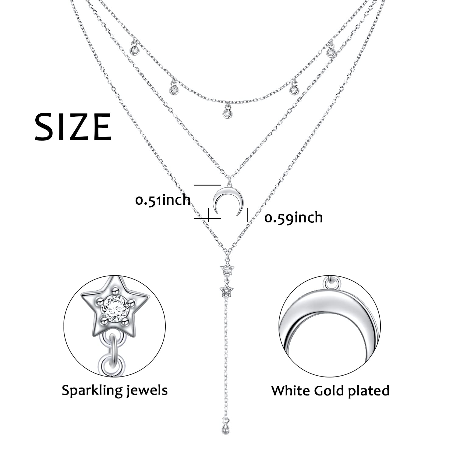 DAOCHONG Triple Layered Pendant Necklace 925 Sterling Silver Moon Star 3 Layered Choker Necklace Long Chain Necklace for Women