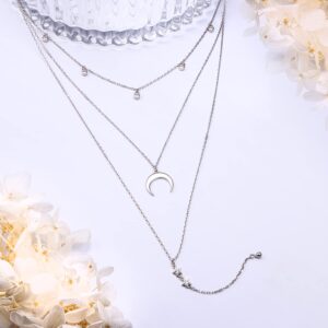 DAOCHONG Triple Layered Pendant Necklace 925 Sterling Silver Moon Star 3 Layered Choker Necklace Long Chain Necklace for Women