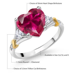 Gem Stone King 925 Sterling Silver and 10K Yellow Gold Customized and Personalized 10MM Heart Shape and 3.5MM Trillion Cut Gemstone Birthstone and White Diamond 3-Stone Ring For Women (Size 7)