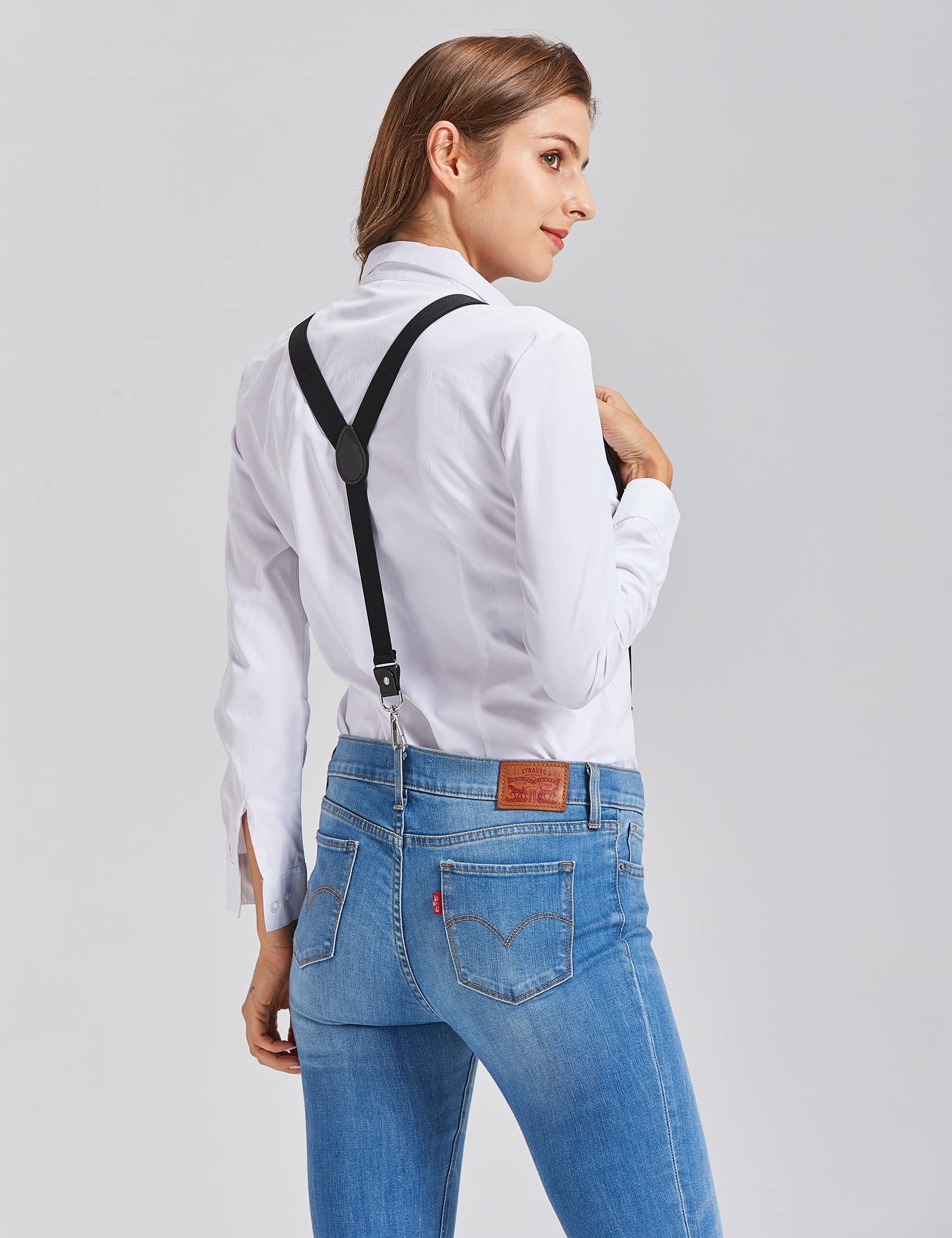 Suspenders for Women with 3 Swivel Hooks and 1" Width Strap for Jeans and Shorts, also for Slim or Young Men (Black)