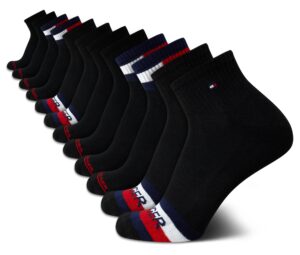 tommy hilfiger men's quarter socks - 12 pack performance cushion comfort socks - breathable athletic socks for men (7-12), size 7-12, premium black