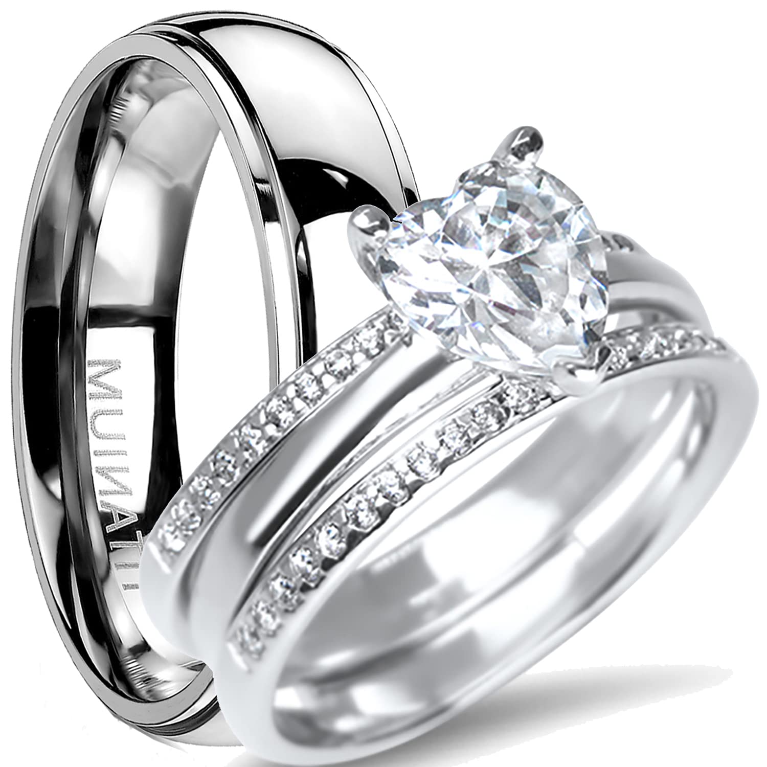 His Hers TRIO 3 PCS Sterling Silver Titanium Wedding Ring Set Heart CZ Simulated Diamond for Him Her