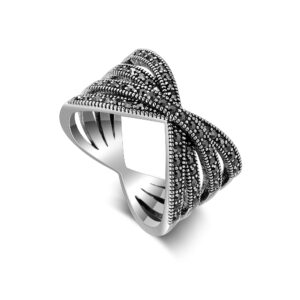 mytys vintage wide ring classic black marcasite crystal rows statement silver chunky rings (silver 7, 9)