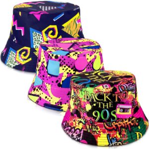 3 pcs 80s 90s bucket hats vintage print bucket hat retro 80s rapper hat 80s accessories for men mardi gras outdoor summer fisherman hat for men women 80s 90s party supplies multicolored