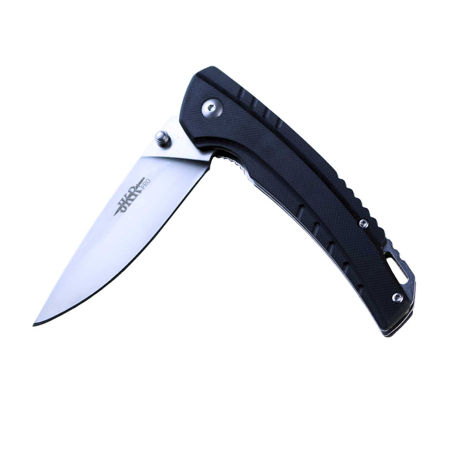 Joker JKR10013 Bearing Assisted Opening Knife, G10 / Carbon Fiber Handle in Black and 3.26 in. D2 Steel Blade, Overall Length 7.75 in. Tool for fishing, hunting, camping and hiking.