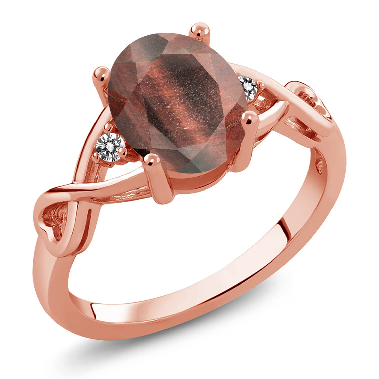 Gem Stone King 1.56 Ct Oval Red Tiger Eye White Diamond 18K Rose Gold Plated Silver Ring (Size 9)