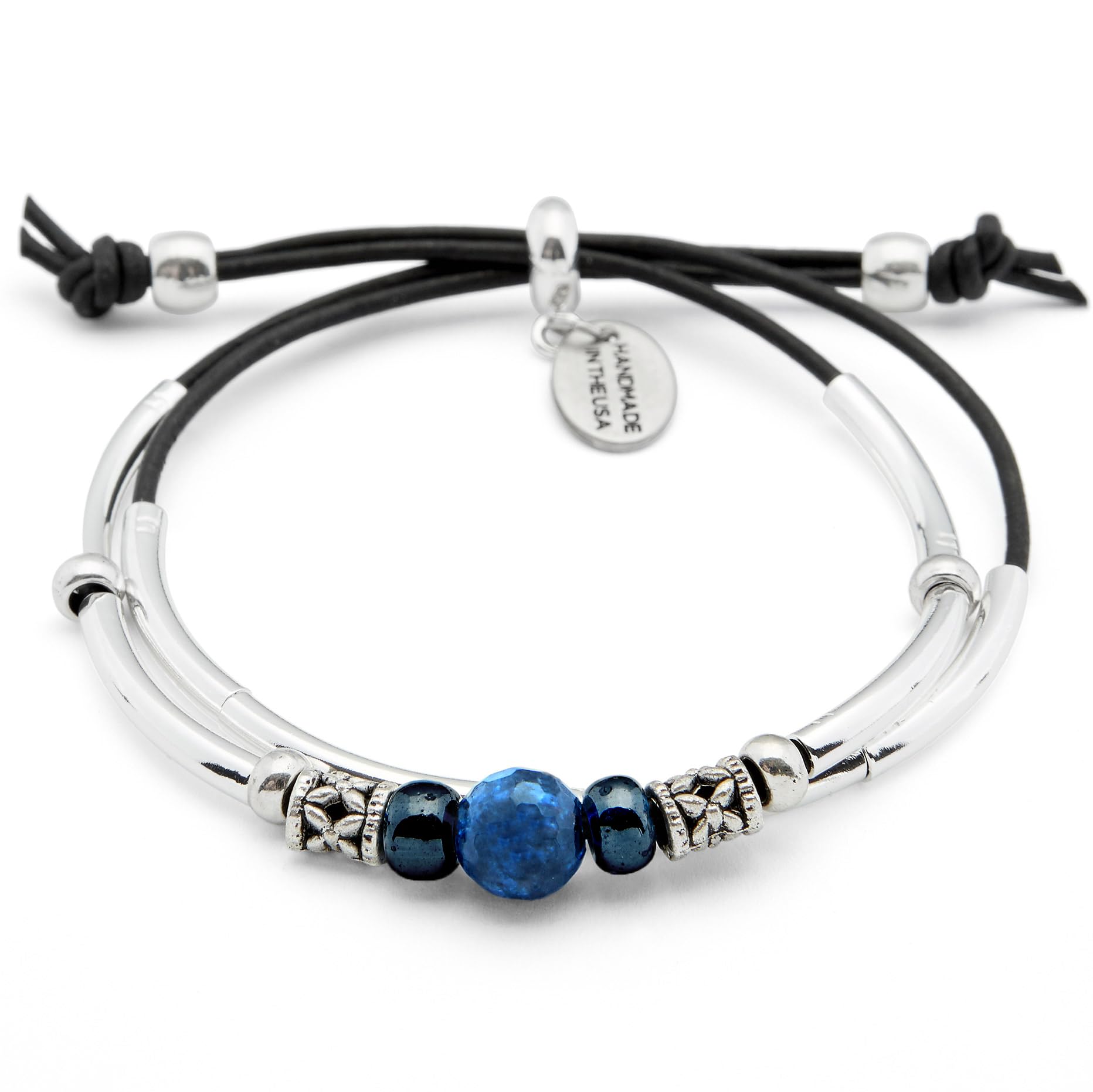 Lizzy James Lapis Lazuli Bracelet - Adjustable Double Strand Black Leather with Silver Beads and Blue Stone - Handmade Chakra Bracelets for Women