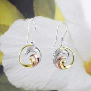 Beautiful Hawaiian Tri-color 3-tone Ocean Wave Earring, Sterling Silver Wave Dangle Earring, E8557