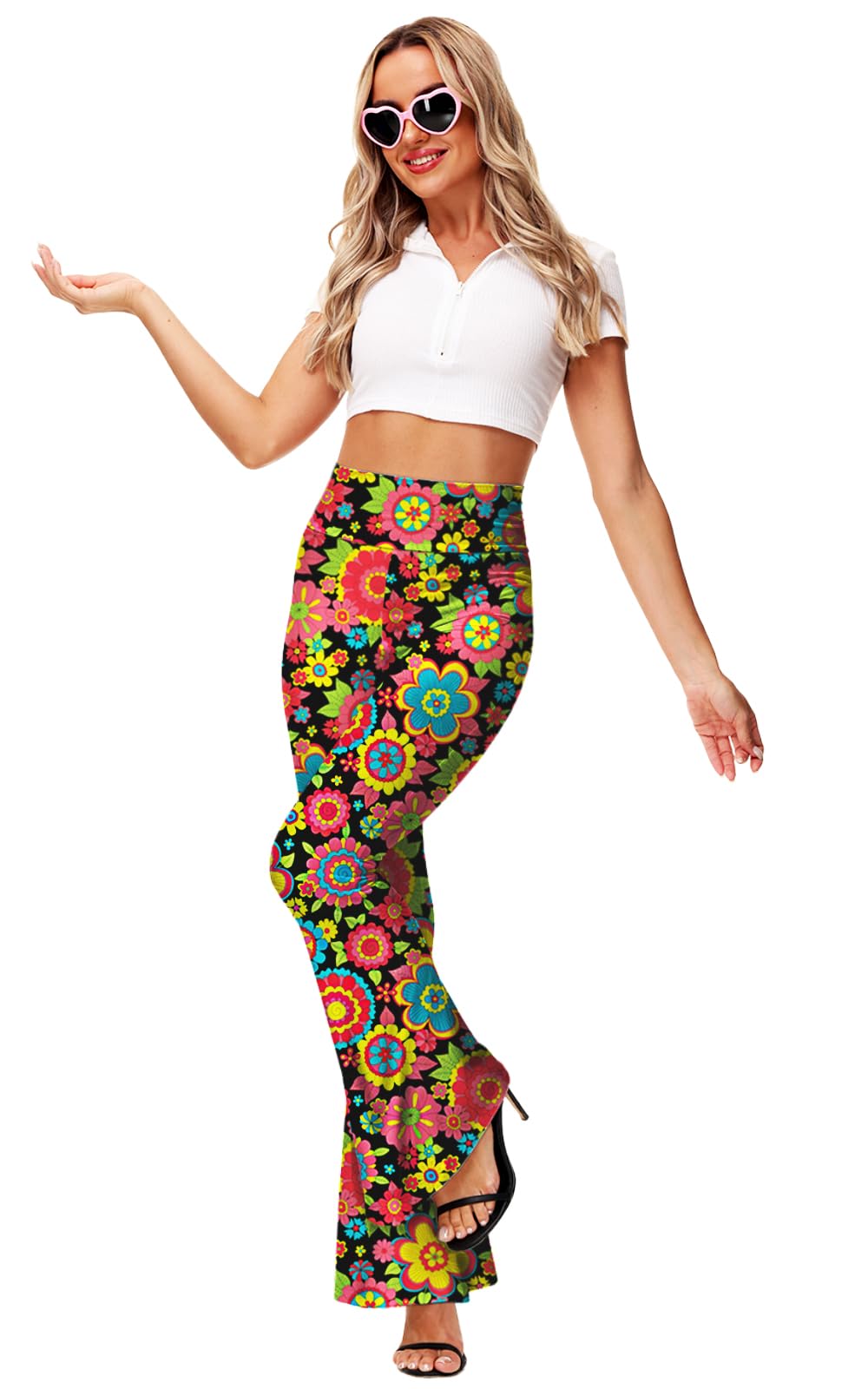 Flare Pants for Women Floral Bell Bottom 70s Hippie Pants High Waist Groovy Boho Yoga Pants XS