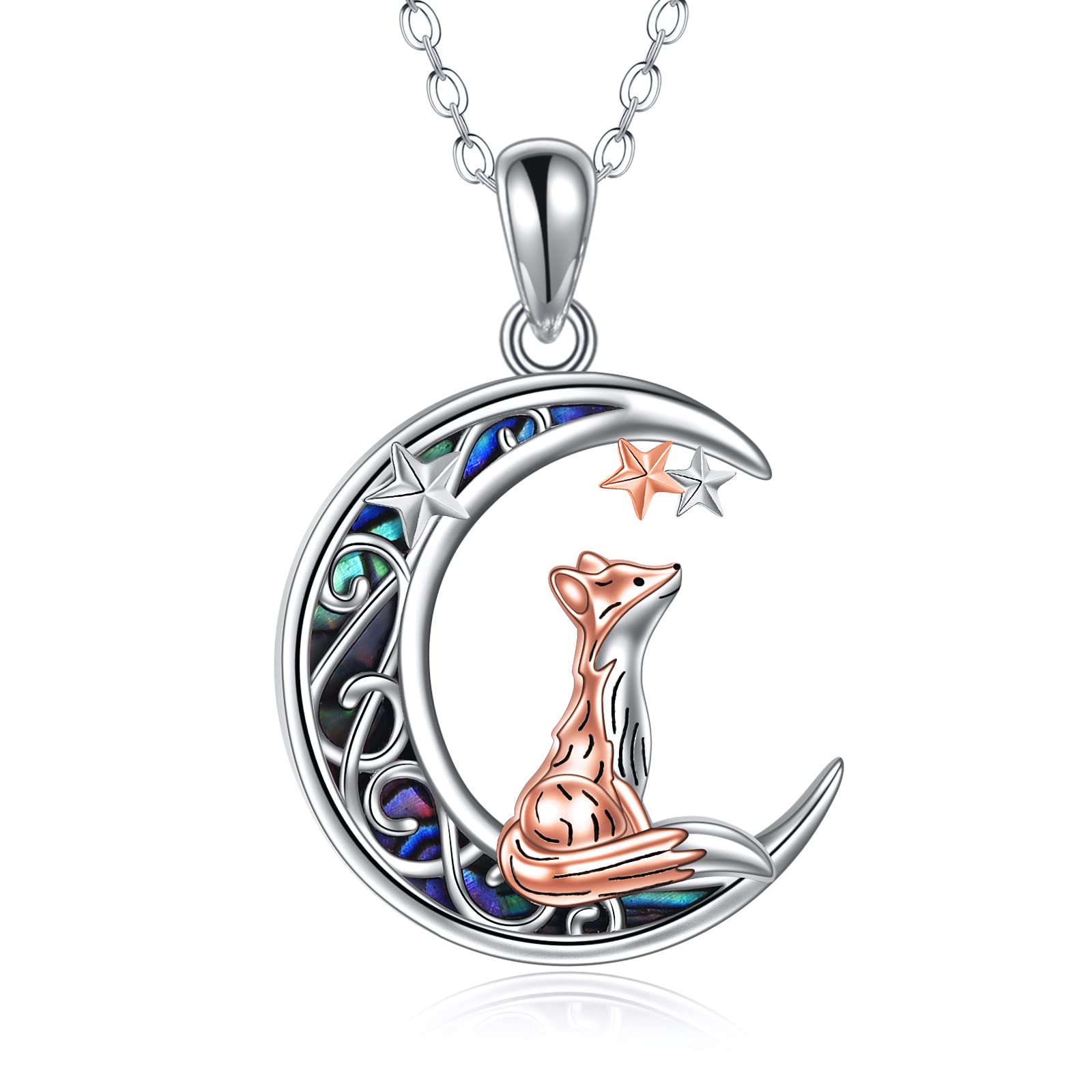 CUPENDA Fox Necklace 925 Sterling Silver Abalone Shell Fox Moon Pendant Cute Animal Mothers Day Jewelry Gifts for Women Mom