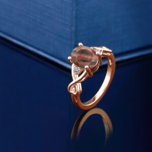 Gem Stone King 1.56 Ct Oval Red Tiger Eye White Diamond 18K Rose Gold Plated Silver Ring (Size 9)