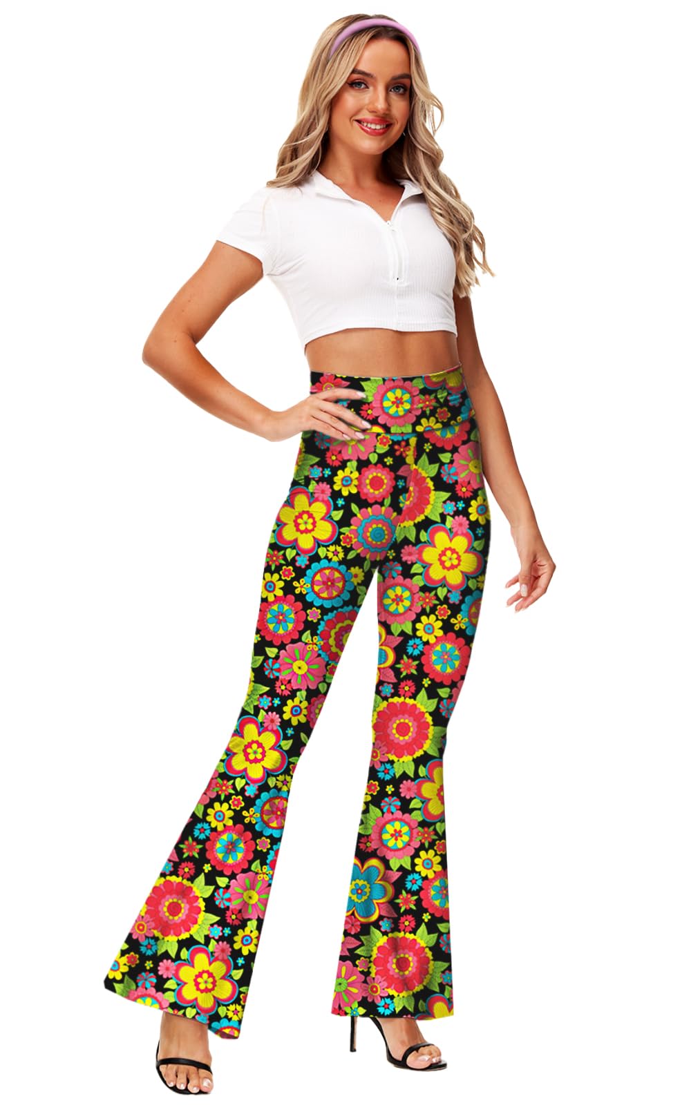 Flare Pants for Women Floral Bell Bottom 70s Hippie Pants High Waist Groovy Boho Yoga Pants XS